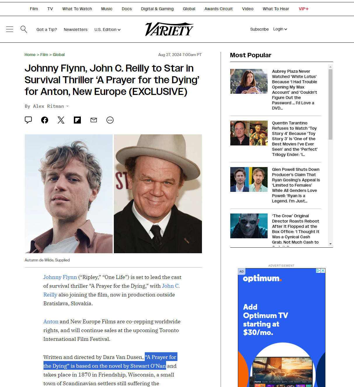 From Variety: Johnny Flynn, John C. Reilly to Star in Survival Thriller ...